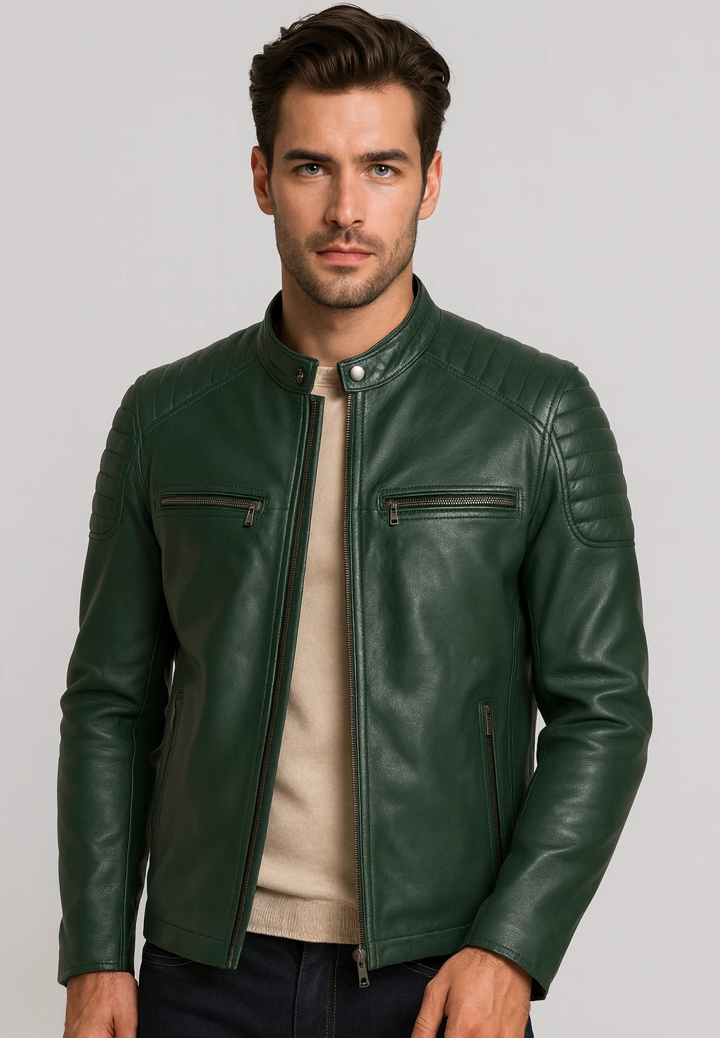 Harrison Green Leather Jacket – Mens Genuine Biker